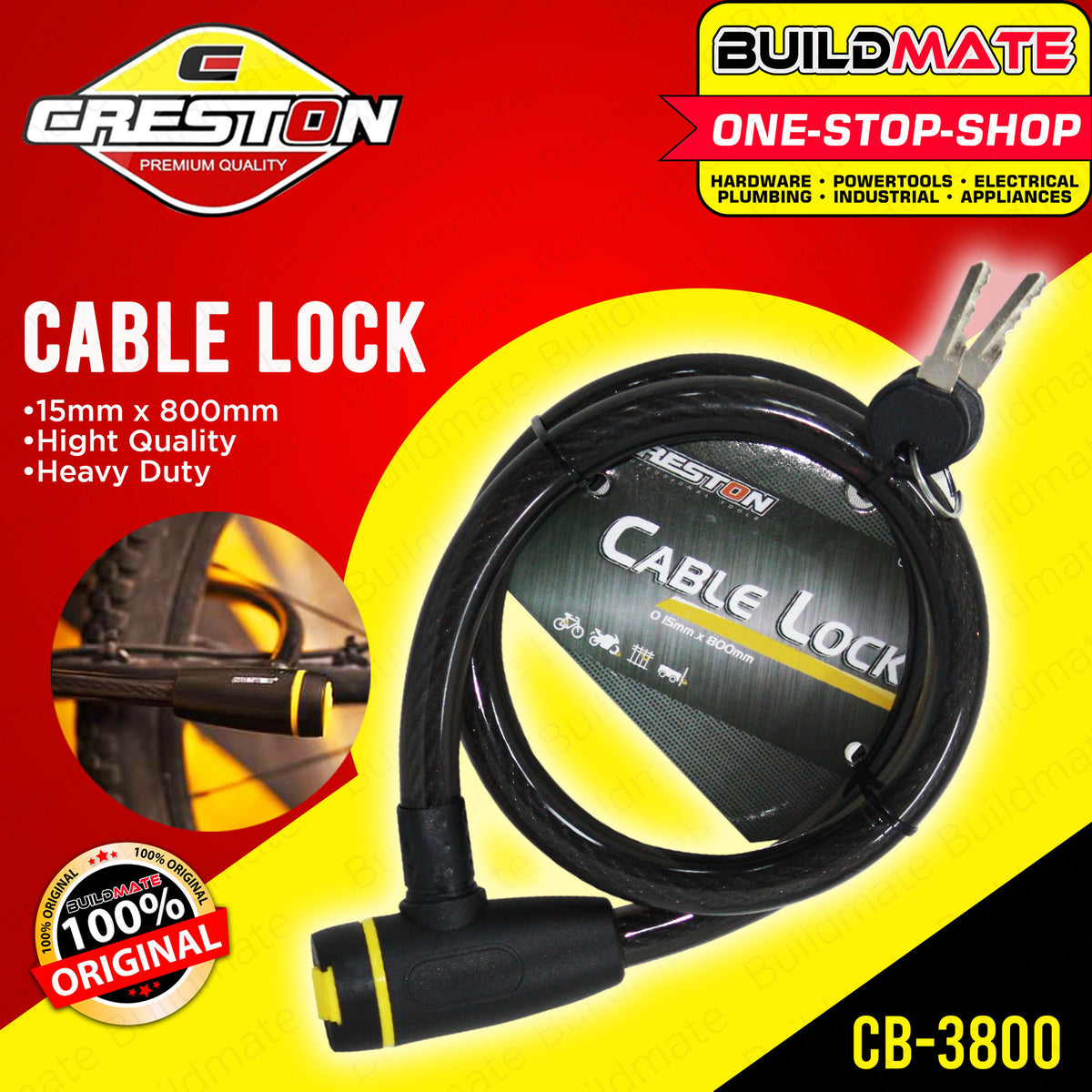 CRESTON Bicycle Bike Cable Lock 15mm x 800mm CB3800 •BUILDMATE• — Buildmate