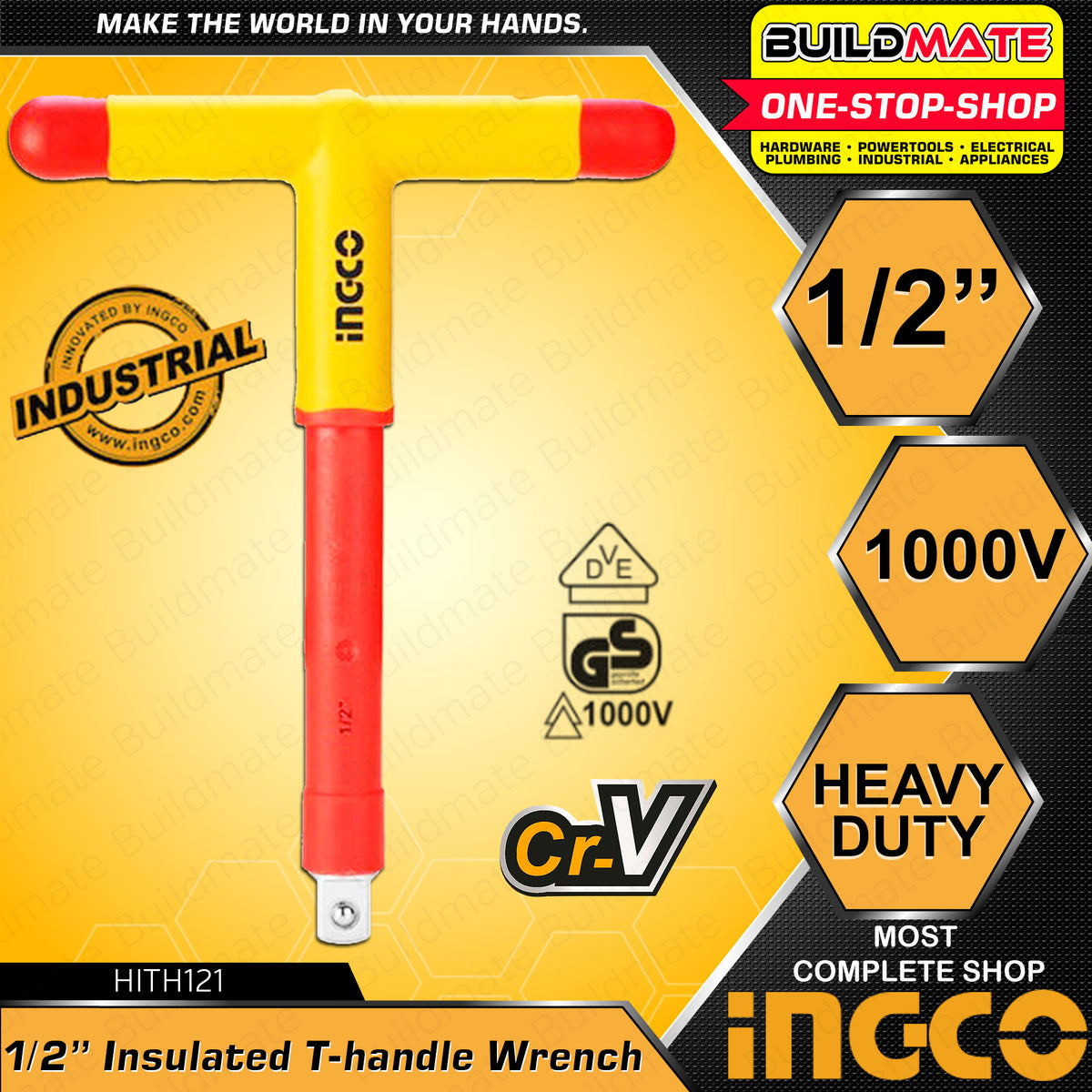 INGCO Insulated T-Handle Wrench 1000V 1/2" 12 x 200 x140mm Cr-V HITH12 ...