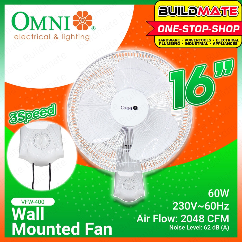 OMNI Wall Mounted Electric Fan 16" Inch 3 Speed Air Flow Wall Mount Ho ...
