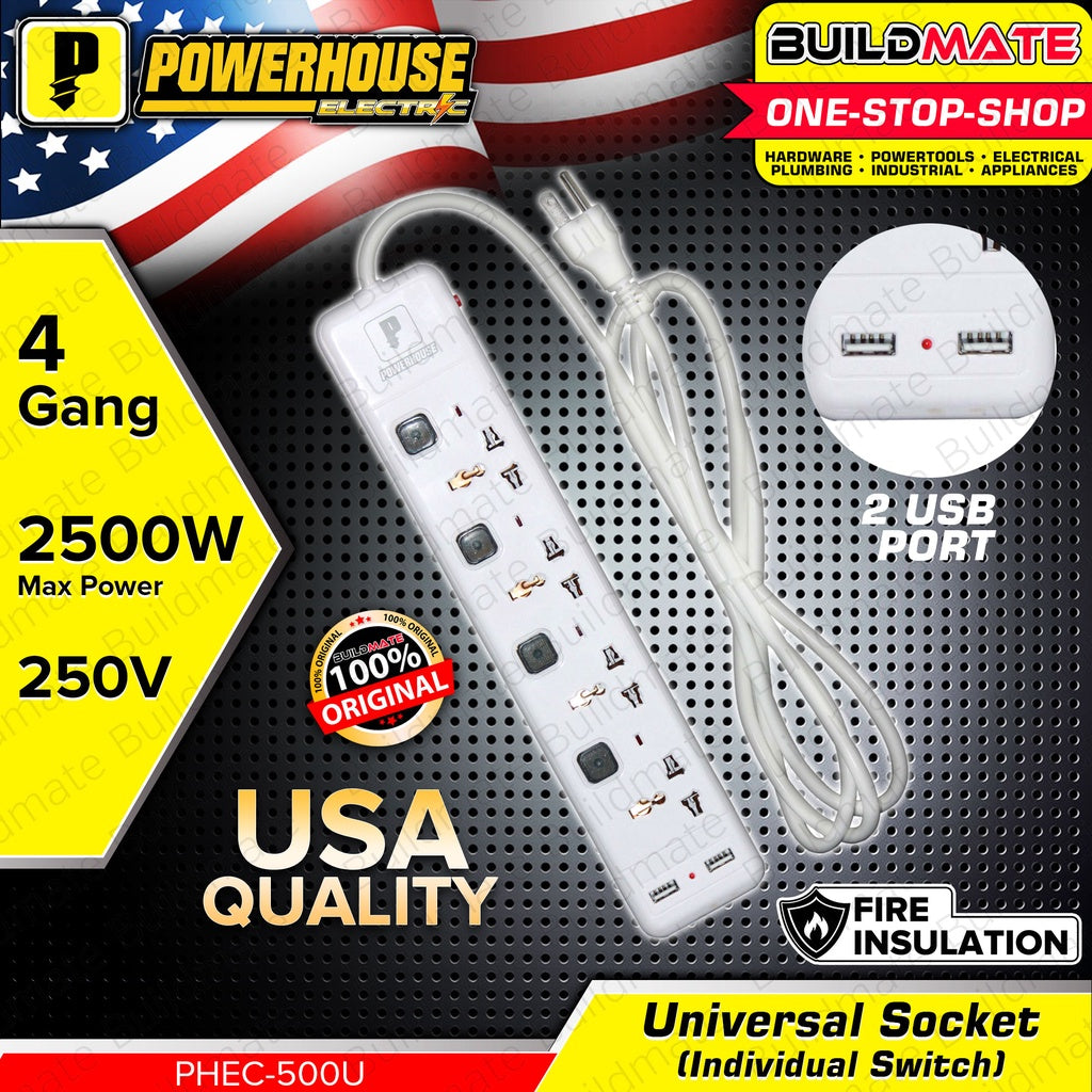 POWERHOUSE Electric Extension Cord Individual Switch Universal Outlet ...