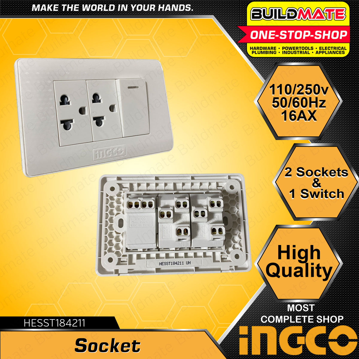 INGCO Universal Electric Socket Outlet 1 Gang with Single Pole Switch ...