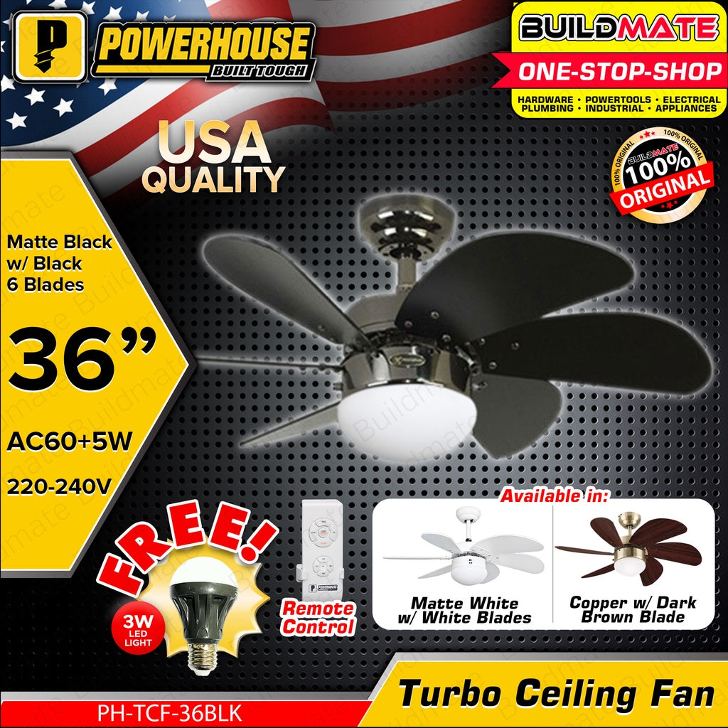 POWERHOUSE Turbo Ceiling Fan AC Motor 36in With Led Bulb & Remote Cont ...
