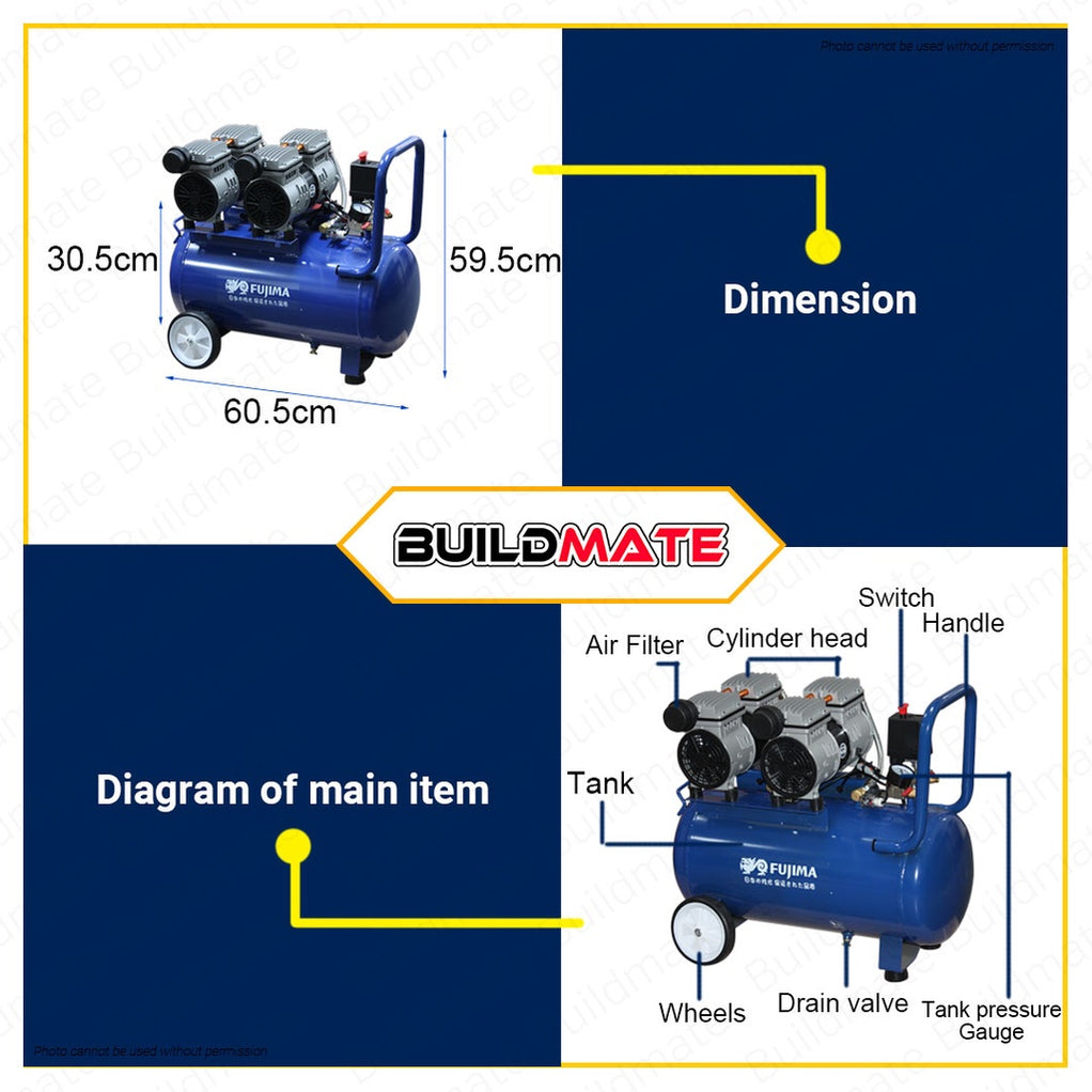 FUJIMA JAPAN 50L Air Compressor Oil Free Noise Less 2HP 1500W OFJ-50 ...