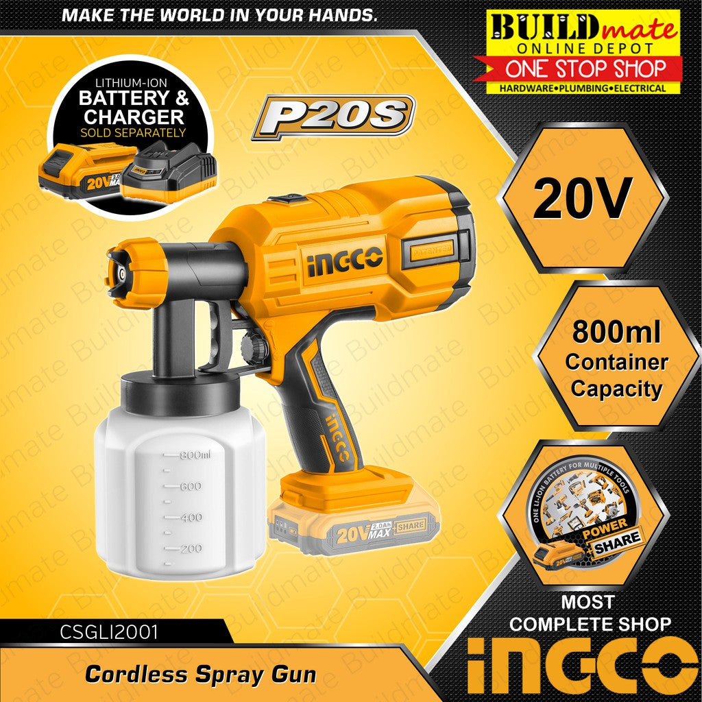 INGCO Cordless Paint Spray Gun Set Wireless 20V CSGLI2001 POWERSHARE ...