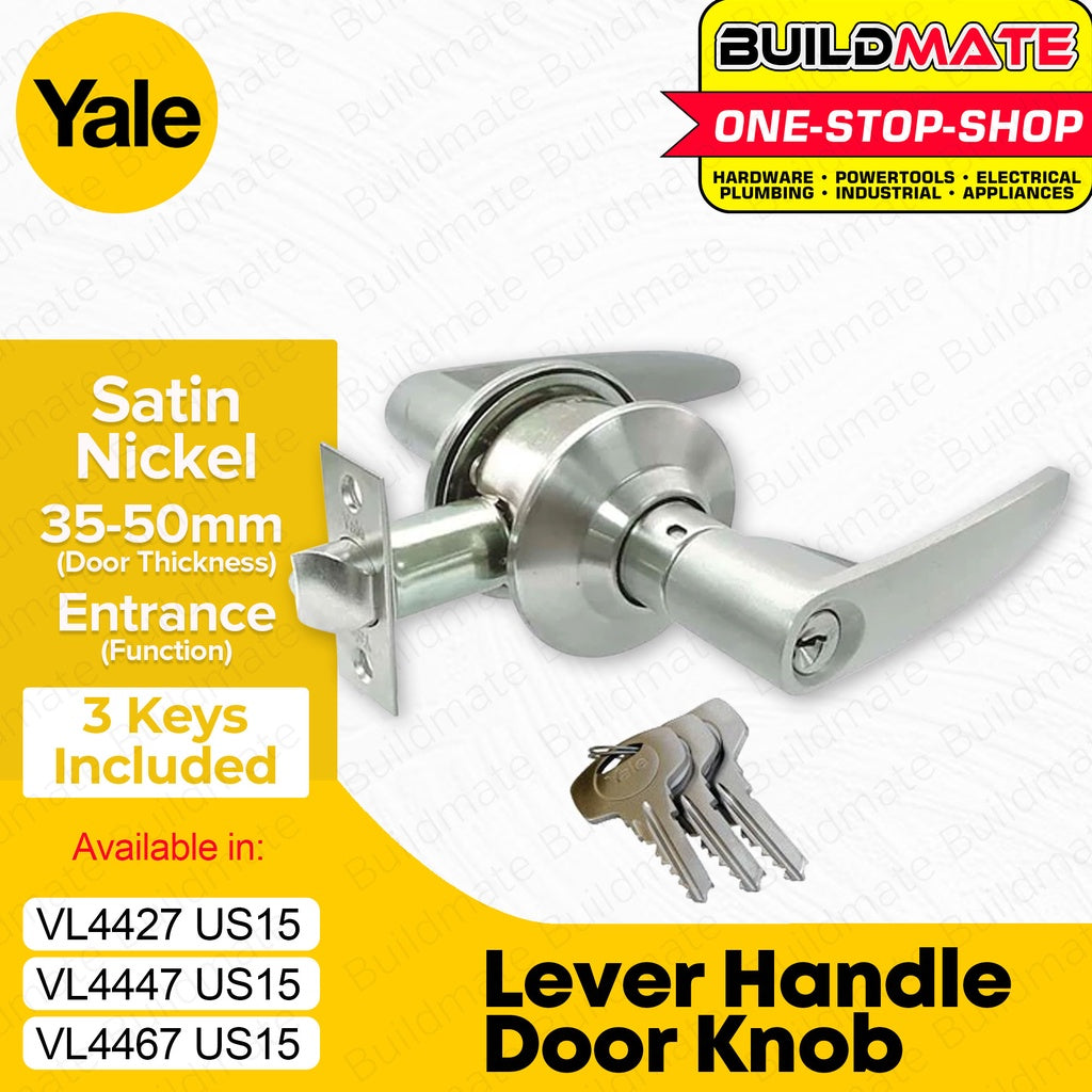 YALE Essential Series Lever Handle Entrance Lockset Door Knob Satin Ni ...
