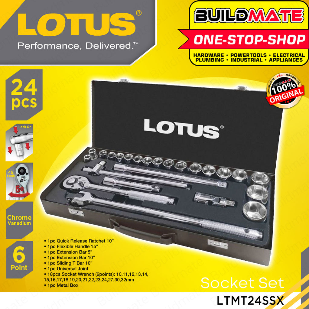 BUILDMATE Lotus 24PCS Socket Set 6Pts 1/2"D Bits Quick Release Ratchet ...