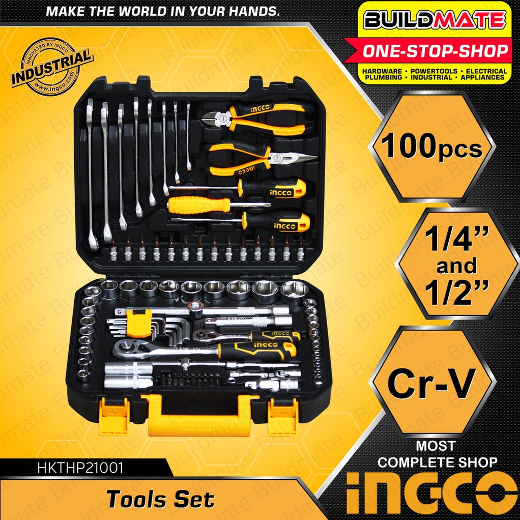 INGCO 100PCS Hand Tools Set Kit 1/2" Inch & 1/4" Inch Insulated Ratche ...