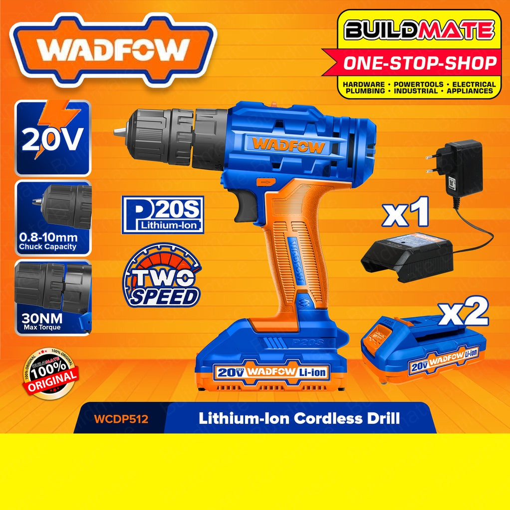 WADFOW Lithium-Ion Li-Ion Cordless Drill Gun 20V with 2x Battery & Cha ...