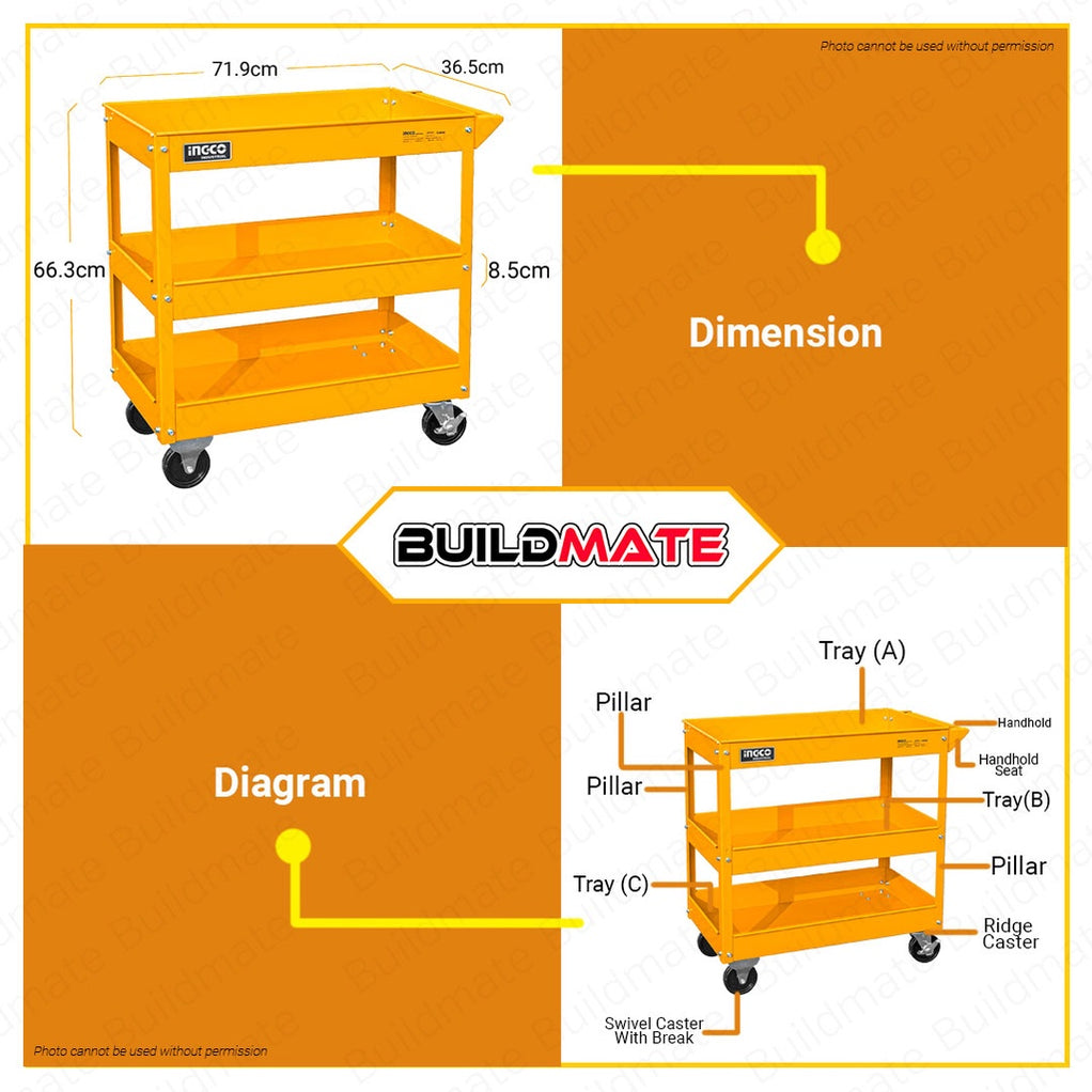 INGCO Tool Cart Shelf Tools Organizer 3-Tray Rolling Utility Cart Trol ...