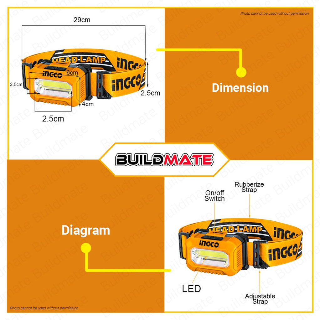 INGCO Head Lamp IPX4 100 Lumens Head Light Flashlight Headlamp Work La ...
