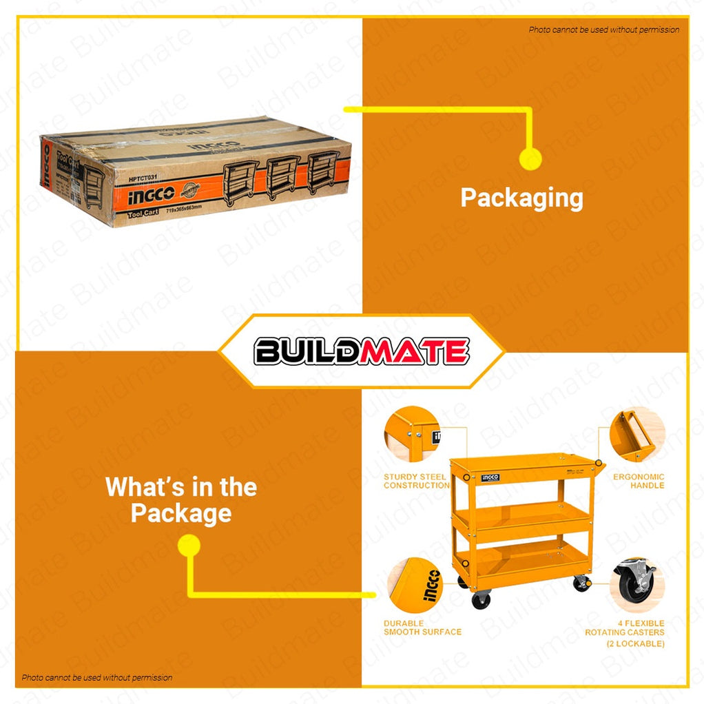 INGCO Tool Cart Shelf Tools Organizer 3-Tray Rolling Utility Cart Trol ...